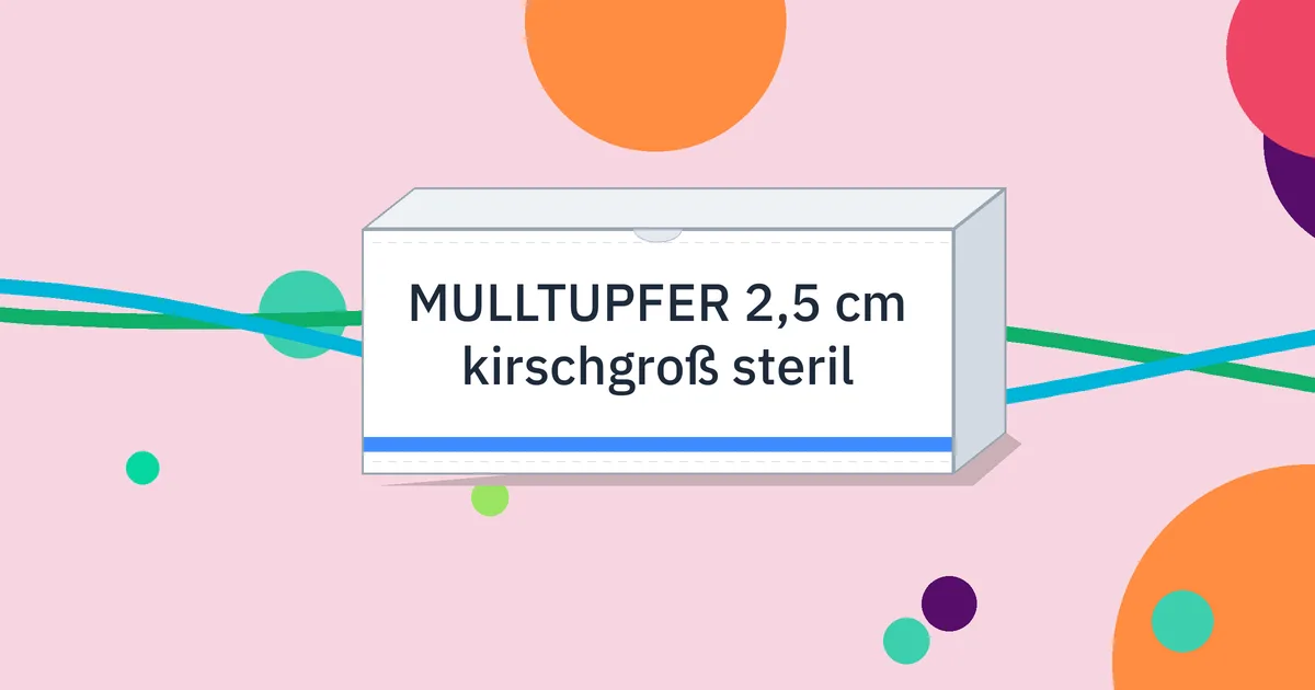 Symbolbild: Packung mit der Aufschrift MULLTUPFER 2,5 cm kirschgroß steril (PZN 17549807) – Verfügbarkeit und Bezug in Apotheken in Frankfurt am Main