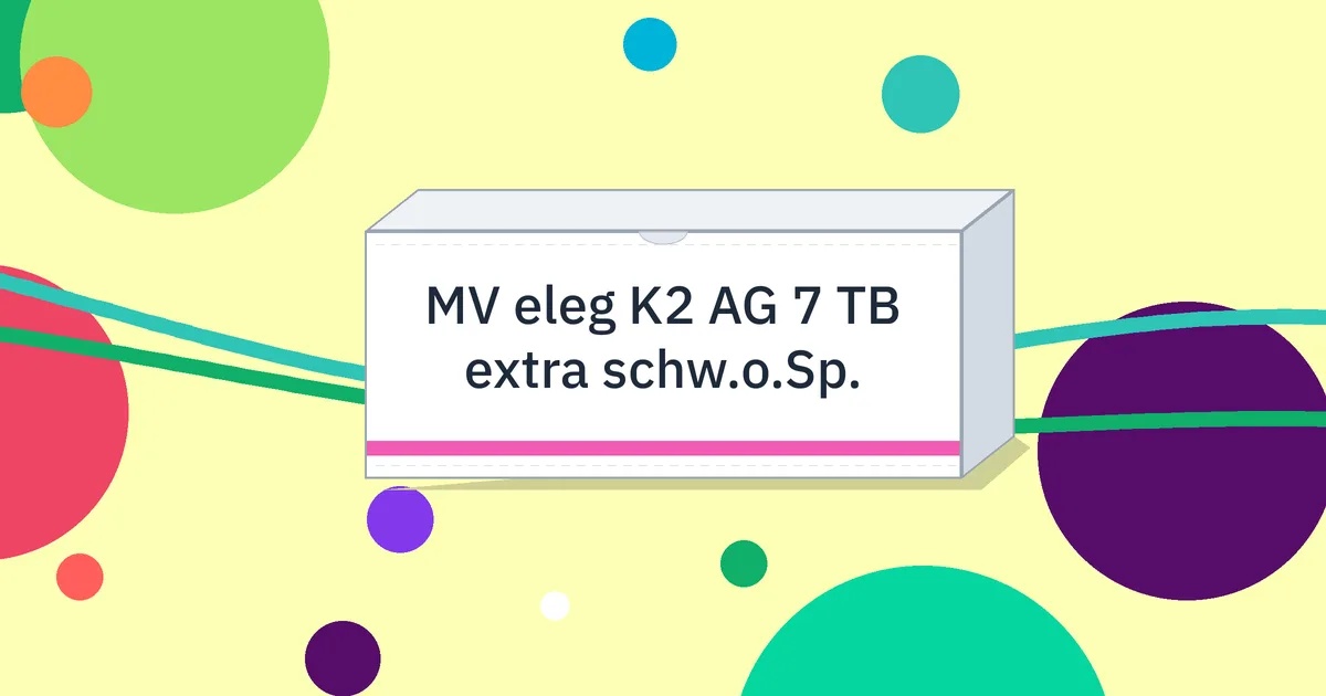 Symbolbild: Packung mit der Aufschrift MV eleg K2 AG 7 TB extra schw.o.Sp. (PZN 09877101) – Verfügbarkeit und Bezug in Apotheken in Frankfurt am Main