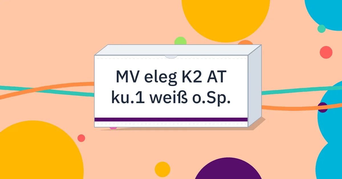 Symbolbild: Packung mit der Aufschrift MV eleg K2 AT ku.1 weiß o.Sp. (PZN 00312805) – Verfügbarkeit und Bezug in Apotheken in Frankfurt am Main