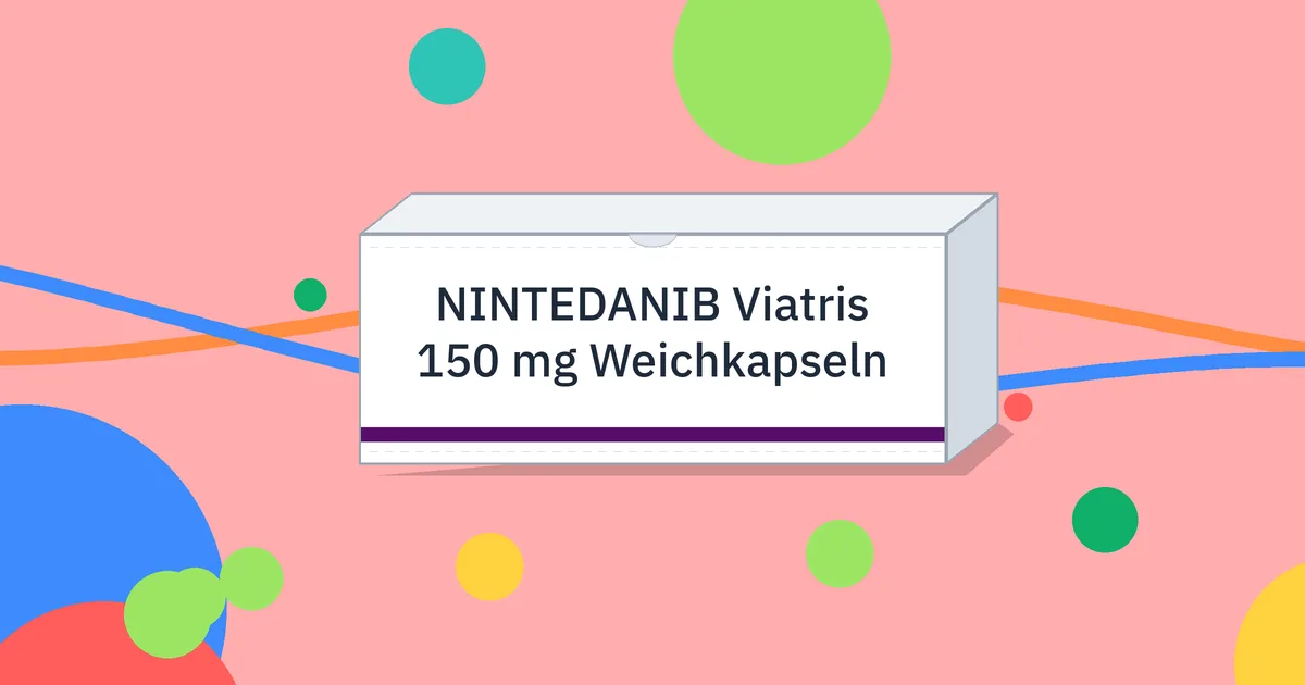 Symbolbild: Packung mit der Aufschrift NINTEDANIB Viatris 150 mg Weichkapseln (PZN 19989798) – Verfügbarkeit und Bezug in Apotheken in Frankfurt am Main