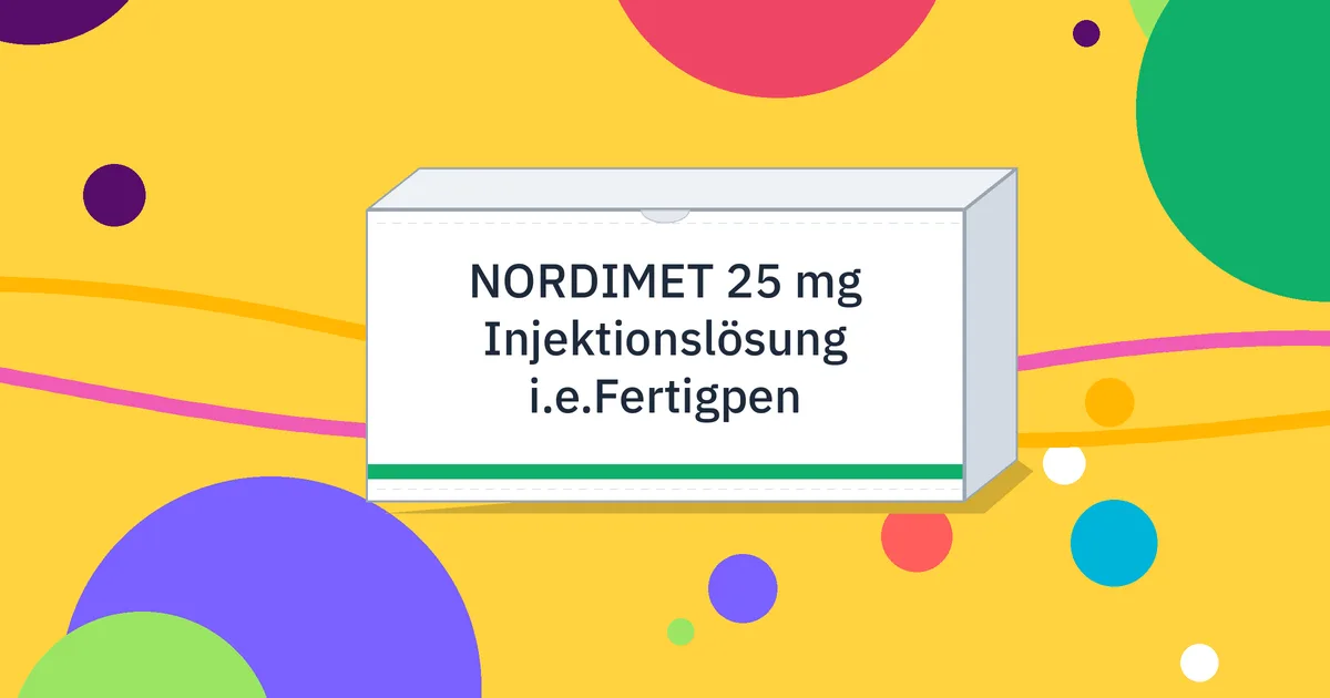 Symbolbild: Packung mit der Aufschrift NORDIMET 25 mg Injektionslösung i.e.Fertigpen (PZN 15264673) – Verfügbarkeit und Bezug in Apotheken in Frankfurt am Main