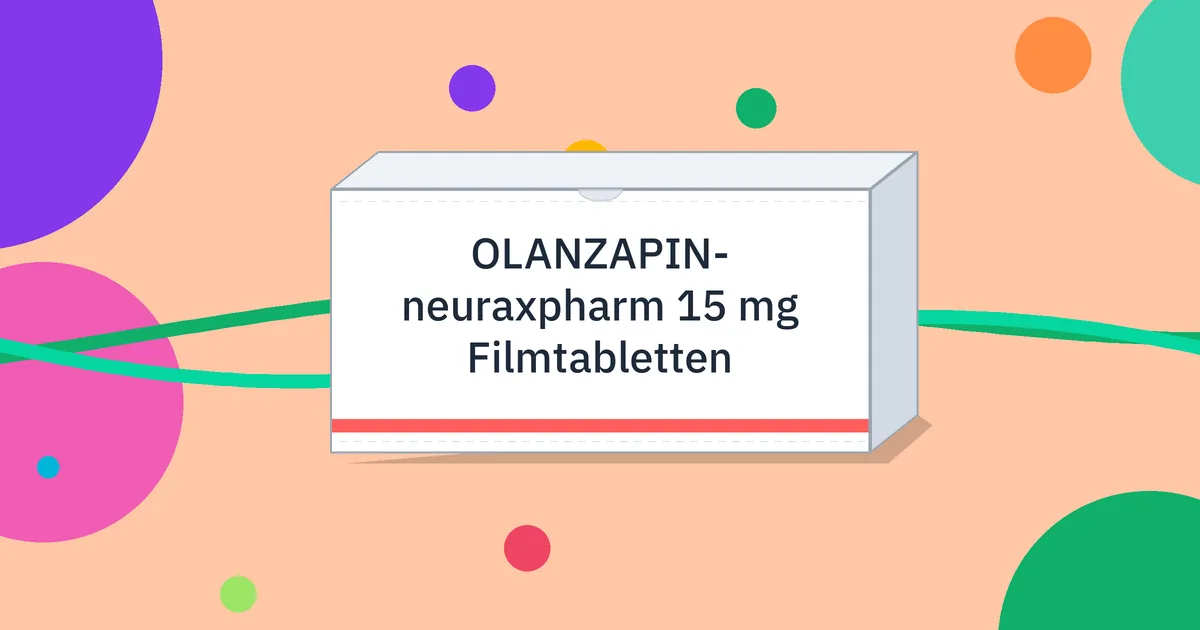 Symbolbild: Packung mit der Aufschrift OLANZAPIN-neuraxpharm 15 mg Filmtabletten (PZN 14448023) – Verfügbarkeit und Bezug in Apotheken in Frankfurt am Main