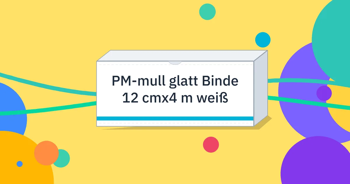 Symbolbild: Packung mit der Aufschrift PM-mull glatt Binde 12 cmx4 m weiß (PZN 18845011) – Verfügbarkeit und Bezug in Apotheken in Frankfurt am Main