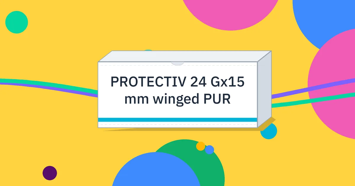 Symbolbild: Packung mit der Aufschrift PROTECTIV 24 Gx15 mm winged PUR (PZN 09104557) – Verfügbarkeit und Bezug in Apotheken in Frankfurt am Main