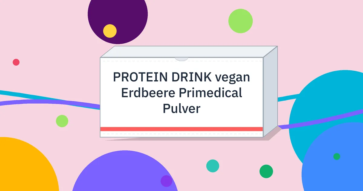 Symbolbild: Packung mit der Aufschrift PROTEIN DRINK vegan Erdbeere Primedical Pulver (PZN 18797826) – Verfügbarkeit und Bezug in Apotheken in Frankfurt am Main