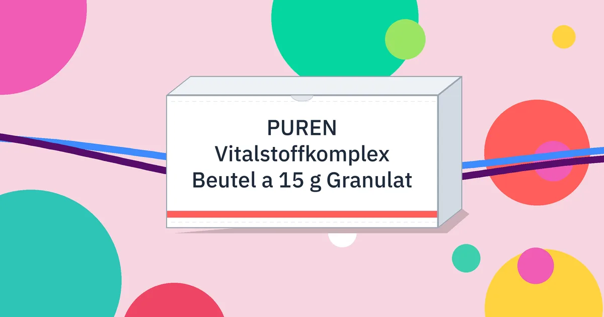 Symbolbild: Packung mit der Aufschrift PUREN Vitalstoffkomplex Beutel a 15 g Granulat (PZN 11353380) – Verfügbarkeit und Bezug in Apotheken in Frankfurt am Main