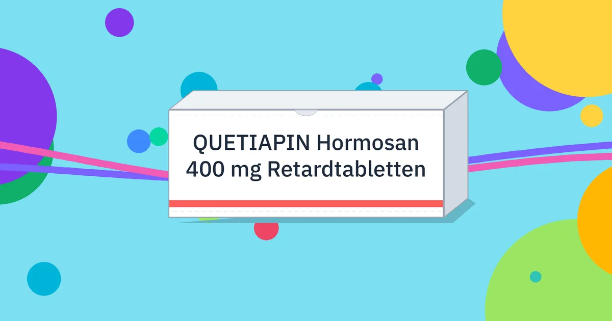 Symbolbild: Packung mit der Aufschrift QUETIAPIN Hormosan 400 mg Retardtabletten (PZN 11146066) – Verfügbarkeit und Bezug in Apotheken in Frankfurt am Main