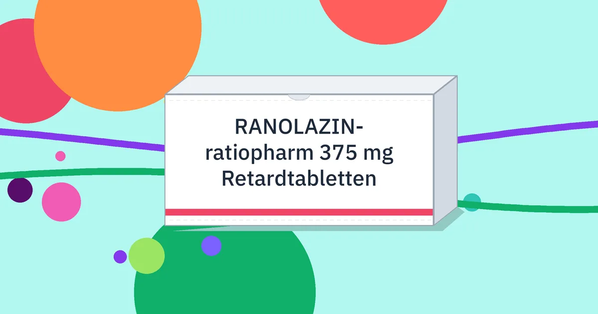 Symbolbild: Packung mit der Aufschrift RANOLAZIN-ratiopharm 375 mg Retardtabletten (PZN 20341335) – Verfügbarkeit und Bezug in Apotheken in Frankfurt am Main