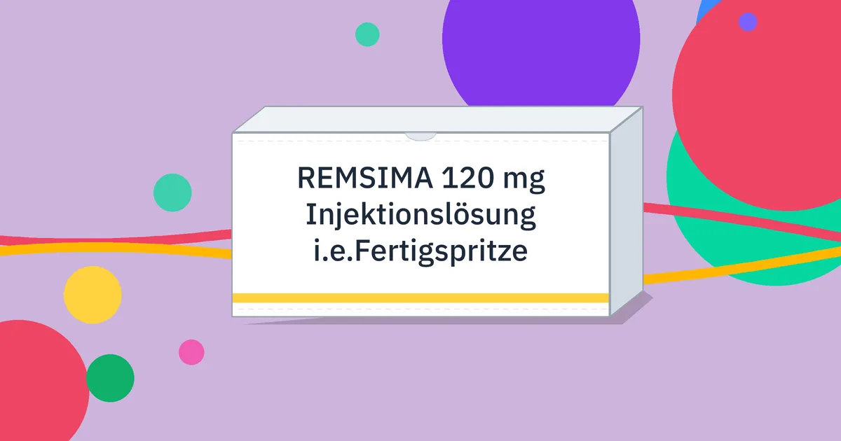 Symbolbild: Packung mit der Aufschrift REMSIMA 120 mg Injektionslösung i.e.Fertigspritze (PZN 17444882) – Verfügbarkeit und Bezug in Apotheken in Frankfurt am Main
