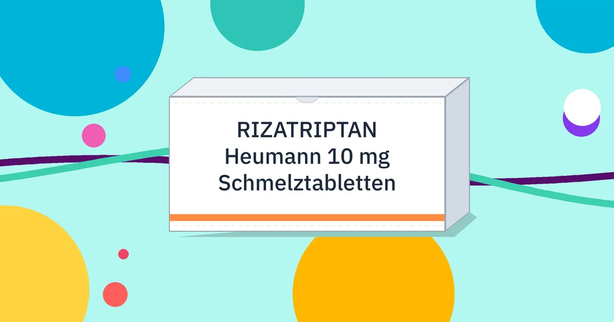 Symbolbild: Packung mit der Aufschrift RIZATRIPTAN Heumann 10 mg Schmelztabletten (PZN 11871459) – Verfügbarkeit und Bezug in Apotheken in Frankfurt am Main