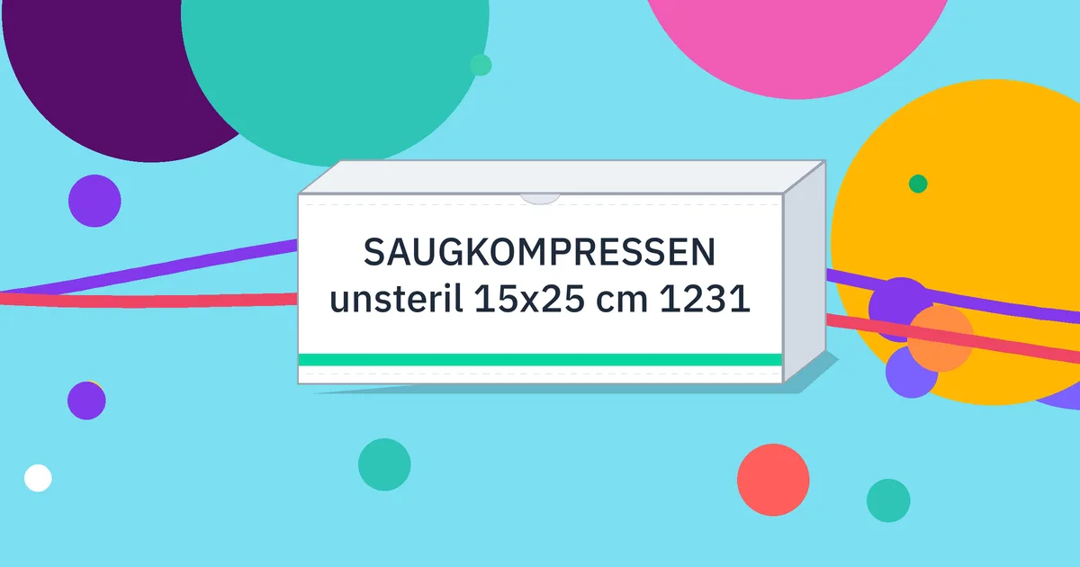 Symbolbild: Packung mit der Aufschrift SAUGKOMPRESSEN unsteril 15x25 cm 1231 (PZN 00137727) – Verfügbarkeit und Bezug in Apotheken in Frankfurt am Main