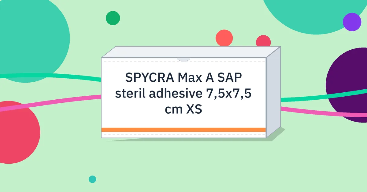 Symbolbild: Packung mit der Aufschrift SPYCRA Max A SAP steril adhesive 7,5x7,5 cm XS (PZN 18179011) – Verfügbarkeit und Bezug in Apotheken in Frankfurt am Main