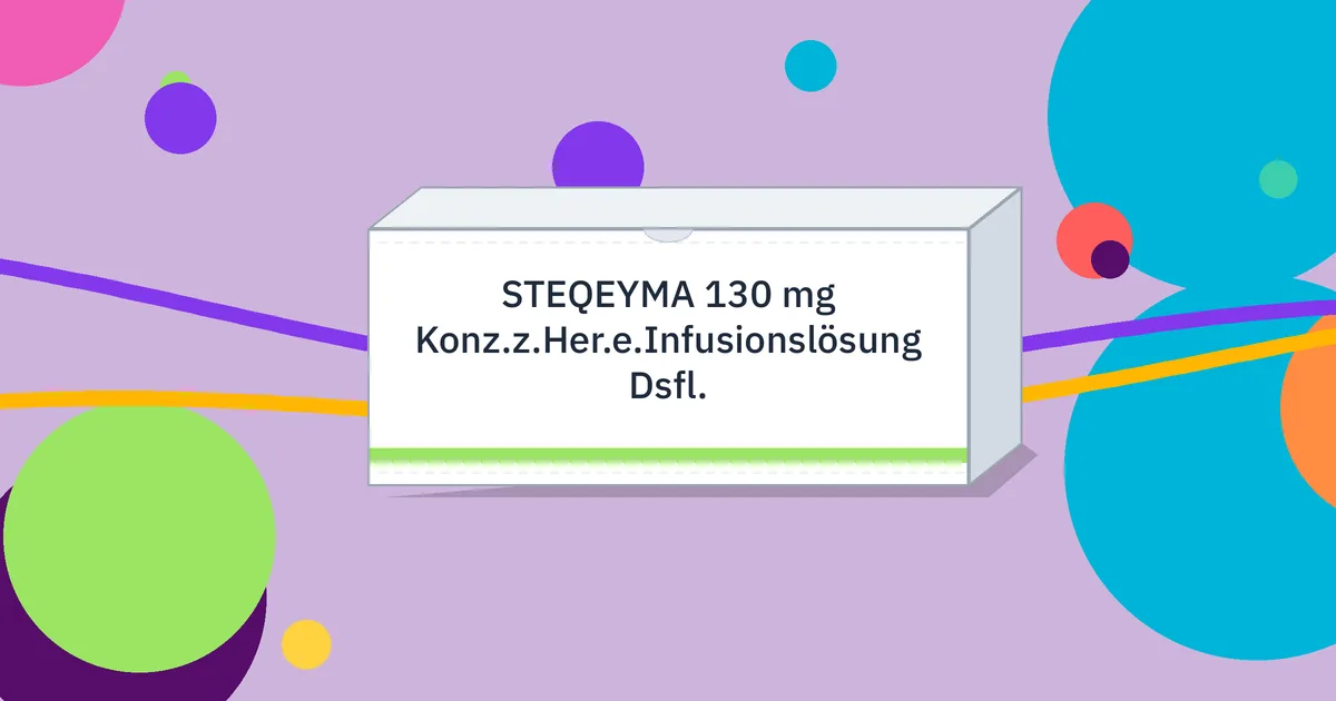 Symbolbild: Packung mit der Aufschrift STEQEYMA 130 mg Konz.z.Her.e.Infusionslösung Dsfl. (PZN 20401534) – Verfügbarkeit und Bezug in Apotheken in Frankfurt am Main