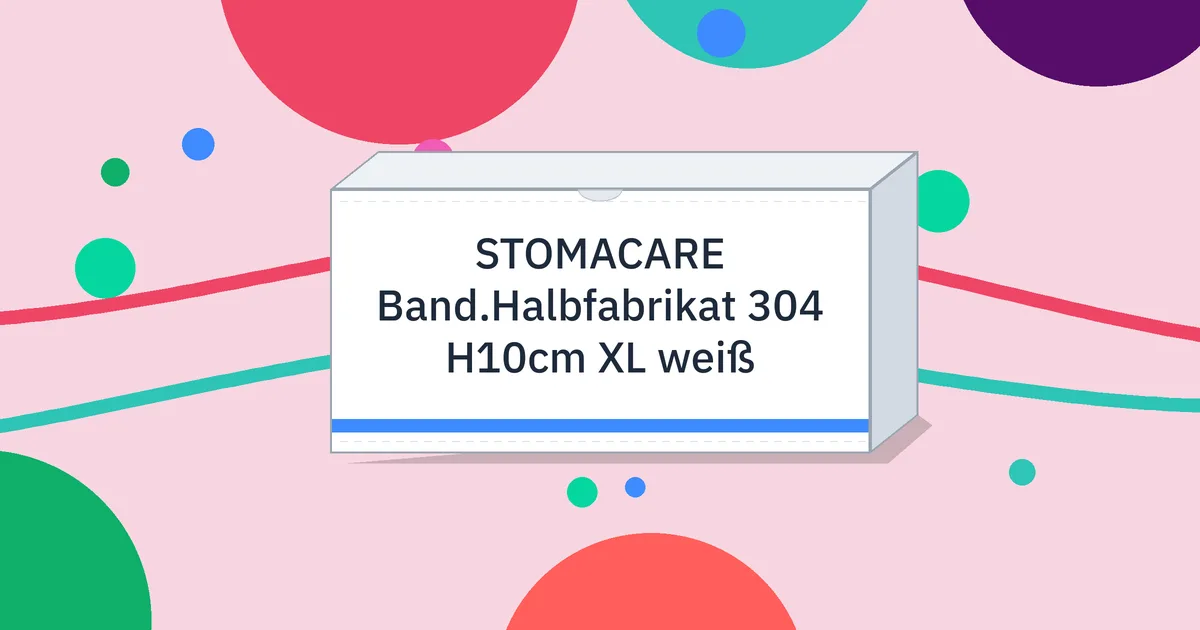 Symbolbild: Packung mit der Aufschrift STOMACARE Band.Halbfabrikat 304 H10cm XL weiß (PZN 03416008) – Verfügbarkeit und Bezug in Apotheken in Frankfurt am Main