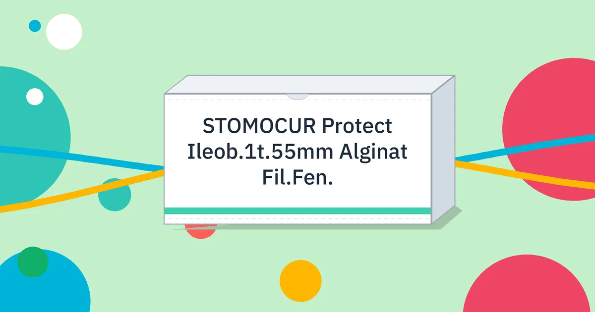 Symbolbild: Packung mit der Aufschrift STOMOCUR Protect Ileob.1t.55mm Alginat Fil.Fen. (PZN 16128765) – Verfügbarkeit und Bezug in Apotheken in Frankfurt am Main