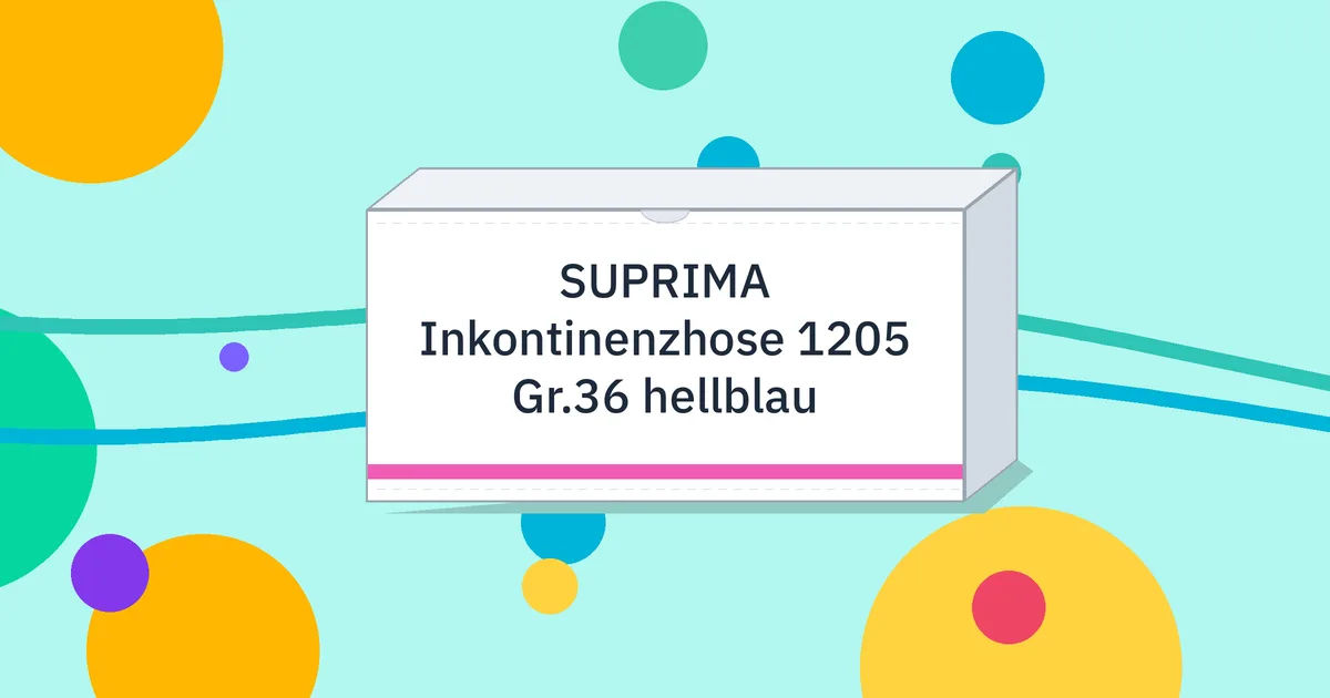 Symbolbild: Packung mit der Aufschrift SUPRIMA Inkontinenzhose 1205 Gr.36 hellblau (PZN 03020150) – Verfügbarkeit und Bezug in Apotheken in Frankfurt am Main
