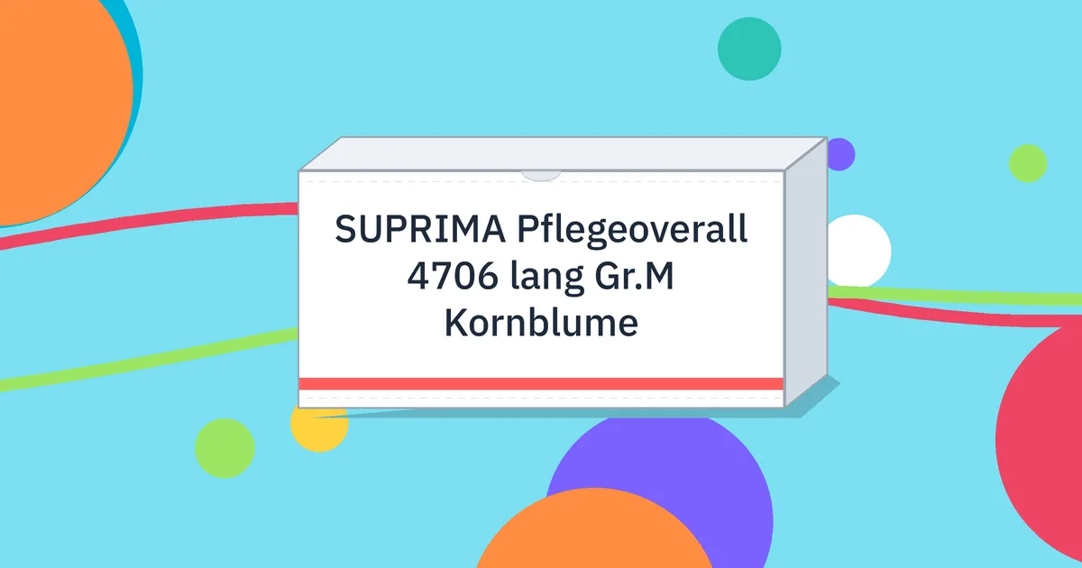 Symbolbild: Packung mit der Aufschrift SUPRIMA Pflegeoverall 4706 lang Gr.M Kornblume (PZN 00064773) – Verfügbarkeit und Bezug in Apotheken in Frankfurt am Main