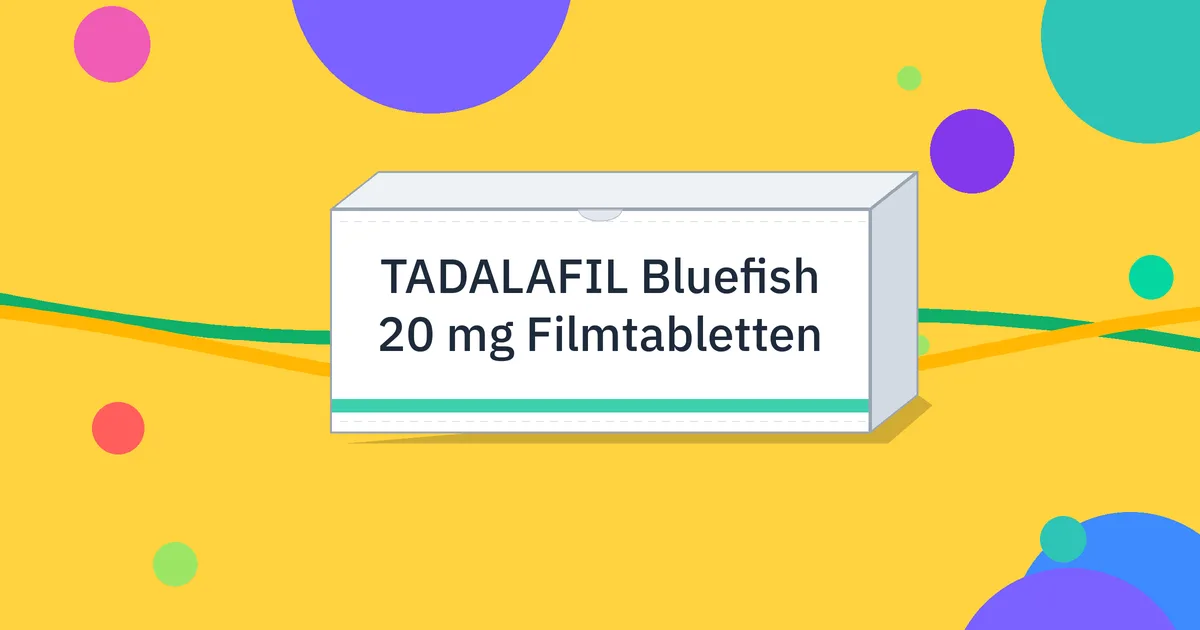 Symbolbild: Packung mit der Aufschrift TADALAFIL Bluefish 20 mg Filmtabletten (PZN 19998811) – Verfügbarkeit und Bezug in Apotheken in Frankfurt am Main