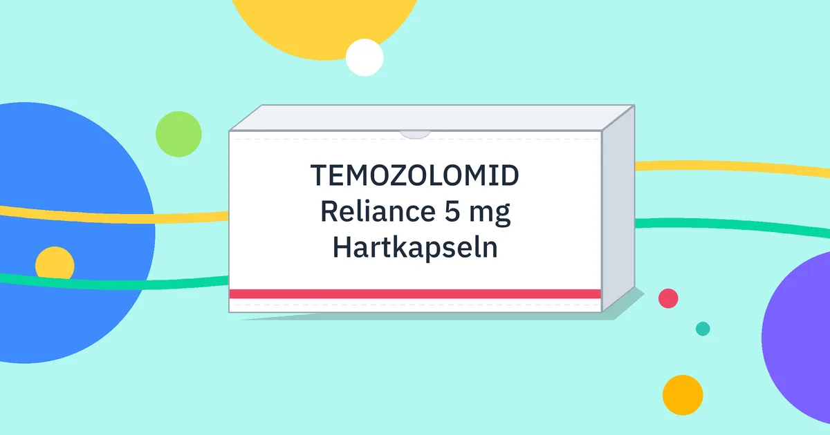 Symbolbild: Packung mit der Aufschrift TEMOZOLOMID Reliance 5 mg Hartkapseln (PZN 14144091) – Verfügbarkeit und Bezug in Apotheken in Frankfurt am Main