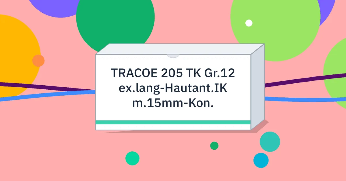 Symbolbild: Packung mit der Aufschrift TRACOE 205 TK Gr.12 ex.lang-Hautant.IK m.15mm-Kon. (PZN 00919312) – Verfügbarkeit und Bezug in Apotheken in Frankfurt am Main