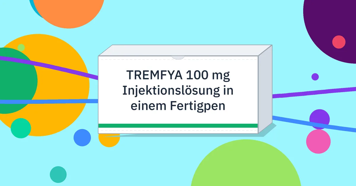 Symbolbild: Packung mit der Aufschrift TREMFYA 100 mg Injektionslösung in einem Fertigpen (PZN 15427201) – Verfügbarkeit und Bezug in Apotheken in Frankfurt am Main