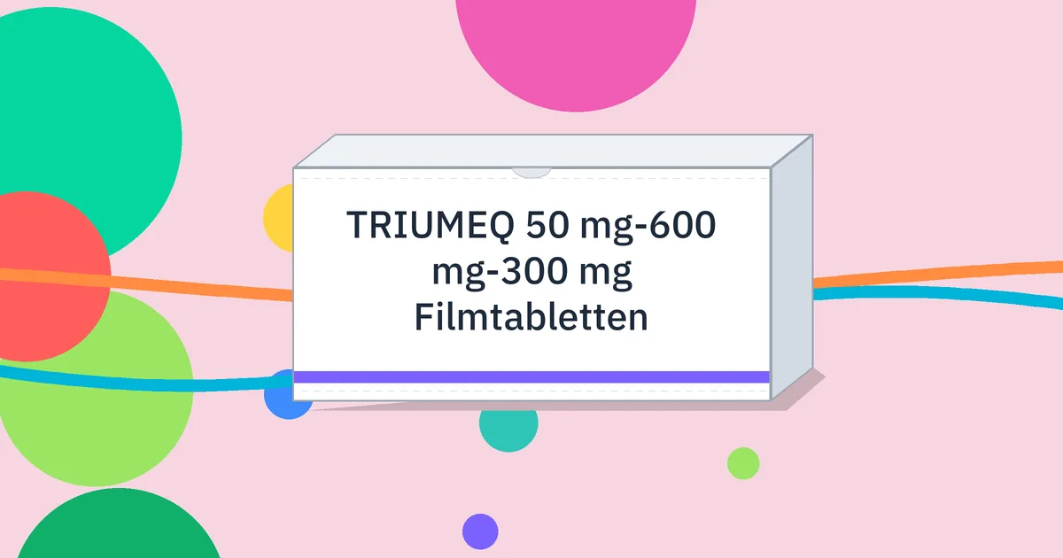 Symbolbild: Packung mit der Aufschrift TRIUMEQ 50 mg-600 mg-300 mg Filmtabletten (PZN 11675480) – Verfügbarkeit und Bezug in Apotheken in Frankfurt am Main