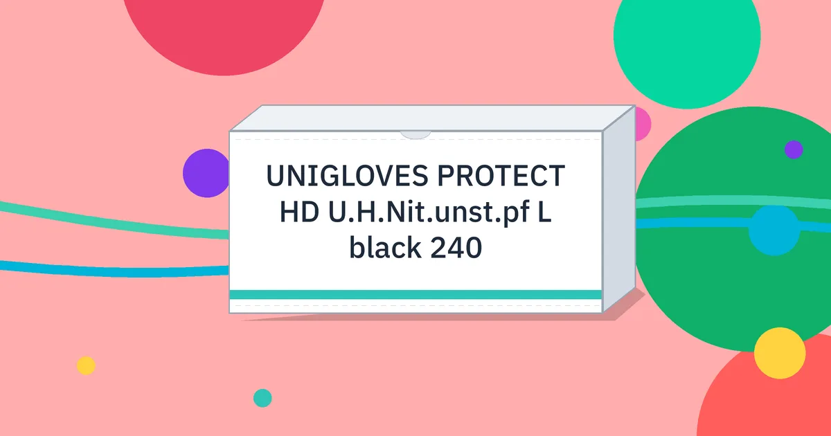 Symbolbild: Packung mit der Aufschrift UNIGLOVES PROTECT HD U.H.Nit.unst.pf L black 240 (PZN 20189034) – Verfügbarkeit und Bezug in Apotheken in Frankfurt am Main