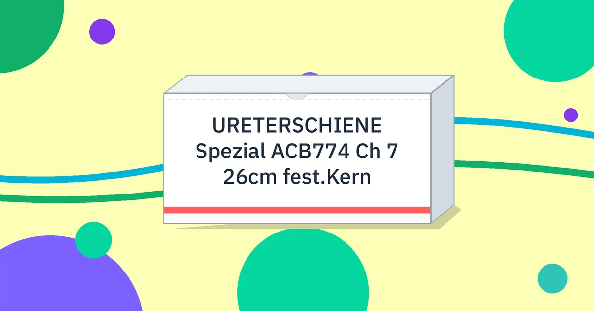 Symbolbild: Packung mit der Aufschrift URETERSCHIENE Spezial ACB774 Ch 7 26cm fest.Kern (PZN 00752674) – Verfügbarkeit und Bezug in Apotheken in Frankfurt am Main