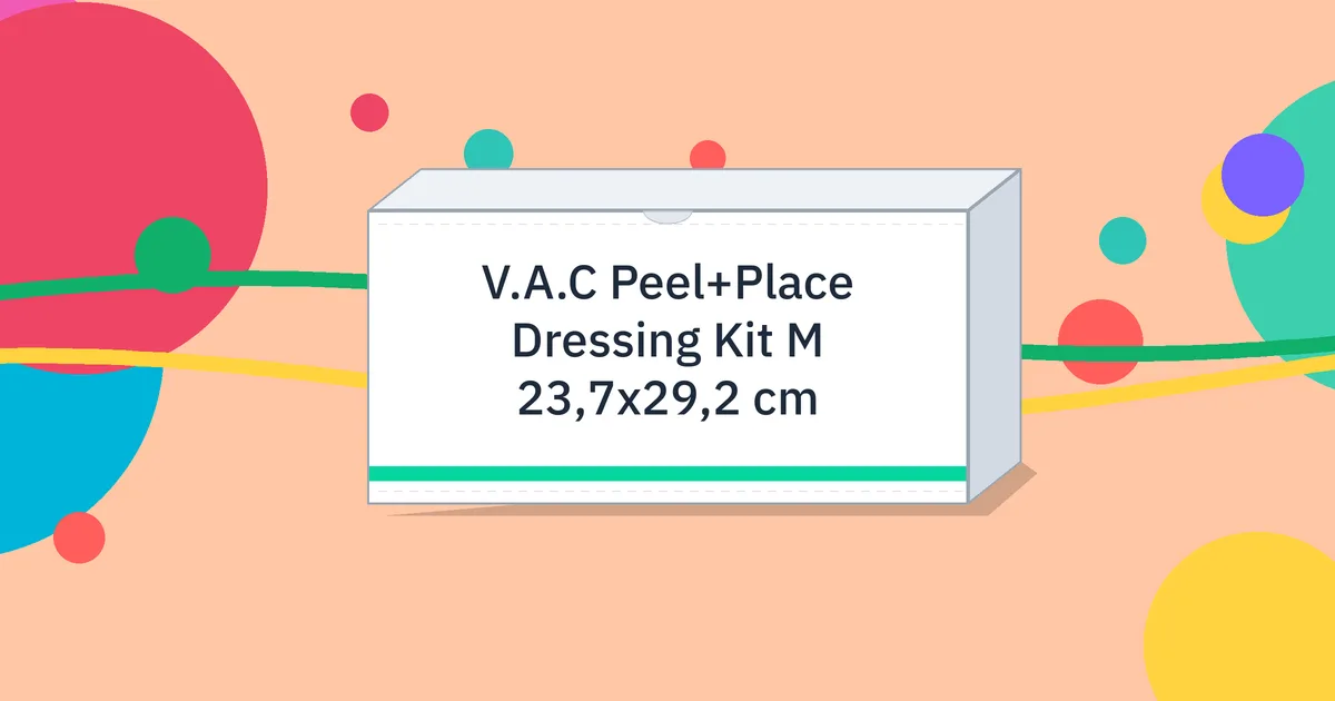 Symbolbild: Packung mit der Aufschrift V.A.C Peel+Place Dressing Kit M 23,7x29,2 cm (PZN 20361326) – Verfügbarkeit und Bezug in Apotheken in Frankfurt am Main