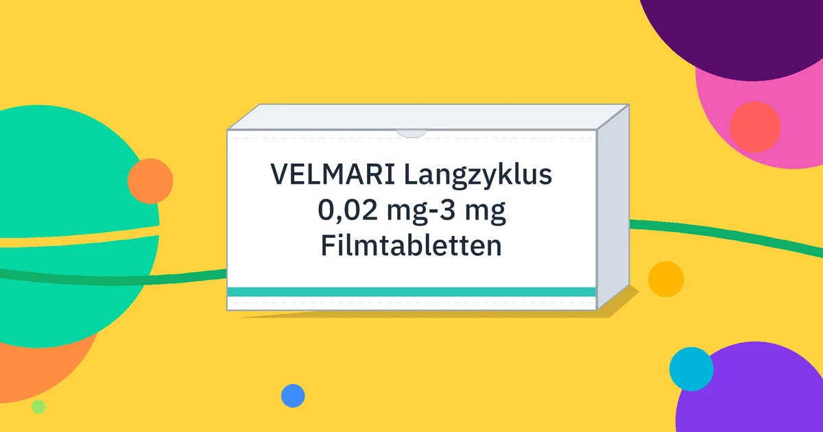 Symbolbild: Packung mit der Aufschrift VELMARI Langzyklus 0,02 mg-3 mg Filmtabletten (PZN 11112328) – Verfügbarkeit und Bezug in Apotheken in Frankfurt am Main