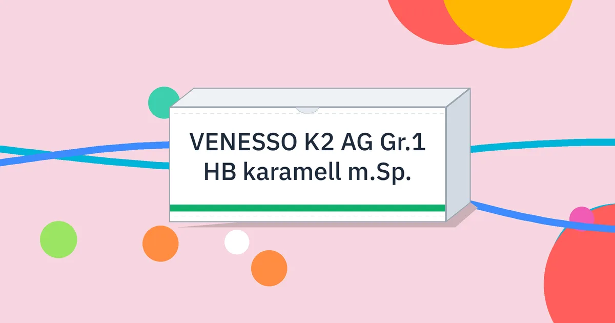 Symbolbild: Packung mit der Aufschrift VENESSO K2 AG Gr.1 HB karamell m.Sp. (PZN 13758201) – Verfügbarkeit und Bezug in Apotheken in Frankfurt am Main