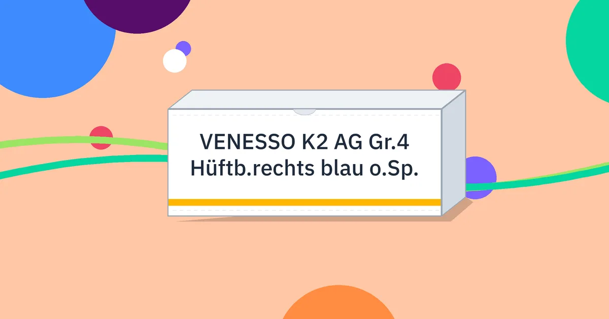 Symbolbild: Packung mit der Aufschrift VENESSO K2 AG Gr.4 Hüftb.rechts blau o.Sp. (PZN 03271917) – Verfügbarkeit und Bezug in Apotheken in Frankfurt am Main