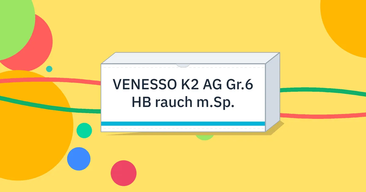 Symbolbild: Packung mit der Aufschrift VENESSO K2 AG Gr.6 HB rauch m.Sp. (PZN 03262663) – Verfügbarkeit und Bezug in Apotheken in Frankfurt am Main