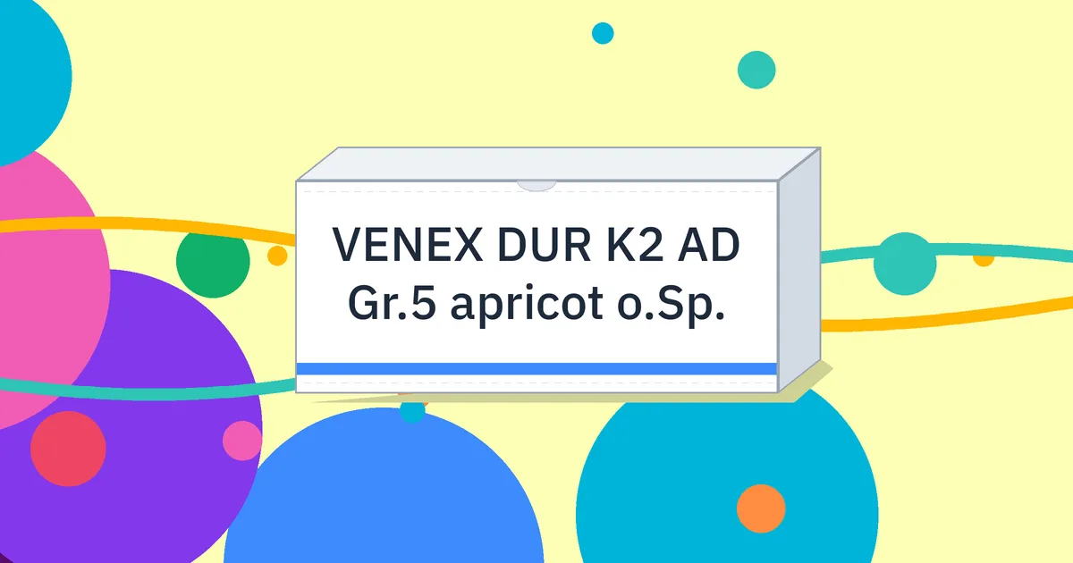 Symbolbild: Packung mit der Aufschrift VENEX DUR K2 AD Gr.5 apricot o.Sp. (PZN 03211482) – Verfügbarkeit und Bezug in Apotheken in Frankfurt am Main