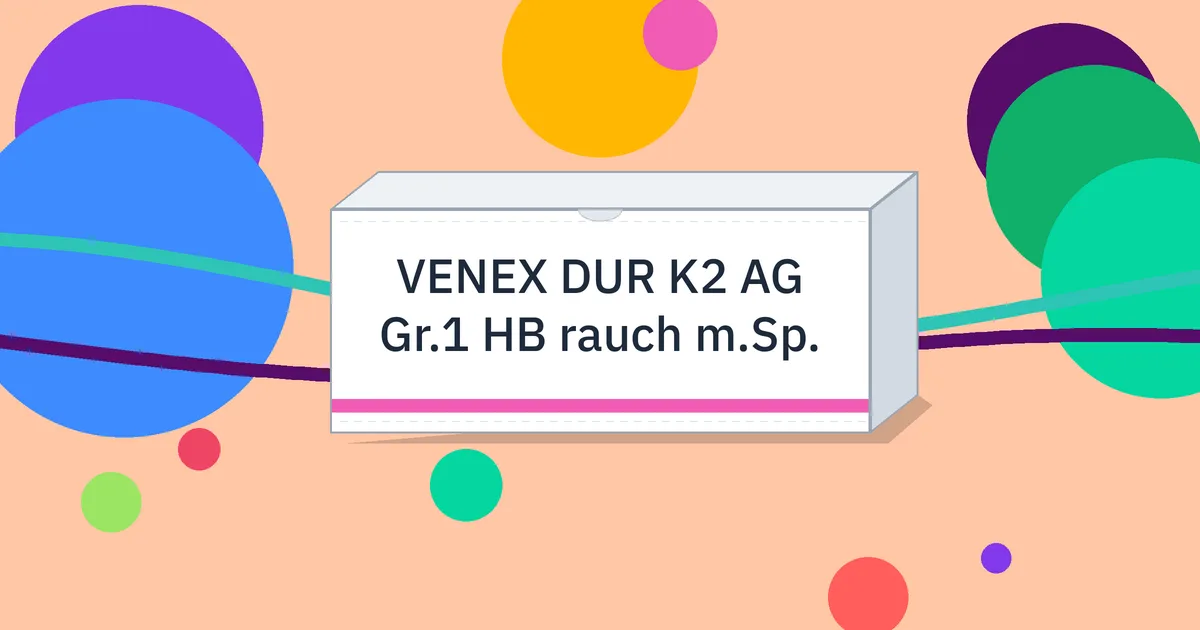 Symbolbild: Packung mit der Aufschrift VENEX DUR K2 AG Gr.1 HB rauch m.Sp. (PZN 03218202) – Verfügbarkeit und Bezug in Apotheken in Frankfurt am Main