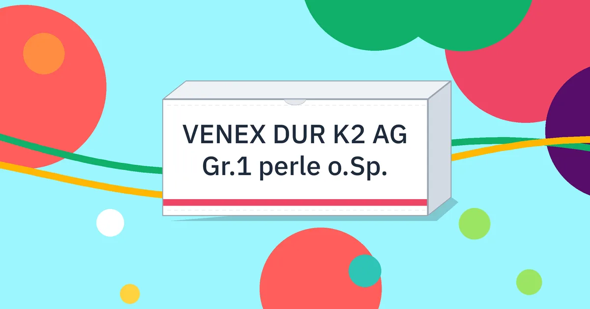 Symbolbild: Packung mit der Aufschrift VENEX DUR K2 AG Gr.1 perle o.Sp. (PZN 03216120) – Verfügbarkeit und Bezug in Apotheken in Frankfurt am Main