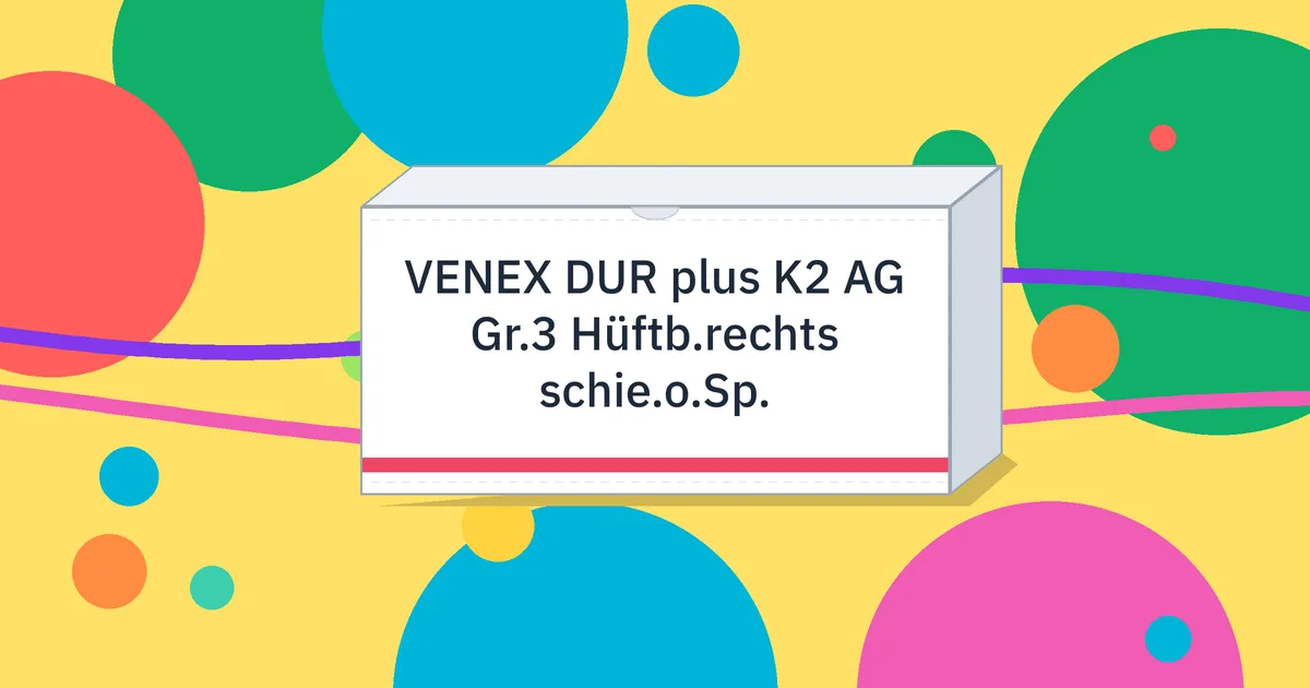 Symbolbild: Packung mit der Aufschrift VENEX DUR plus K2 AG Gr.3 Hüftb.rechts schie.o.Sp. (PZN 03242761) – Verfügbarkeit und Bezug in Apotheken in Frankfurt am Main