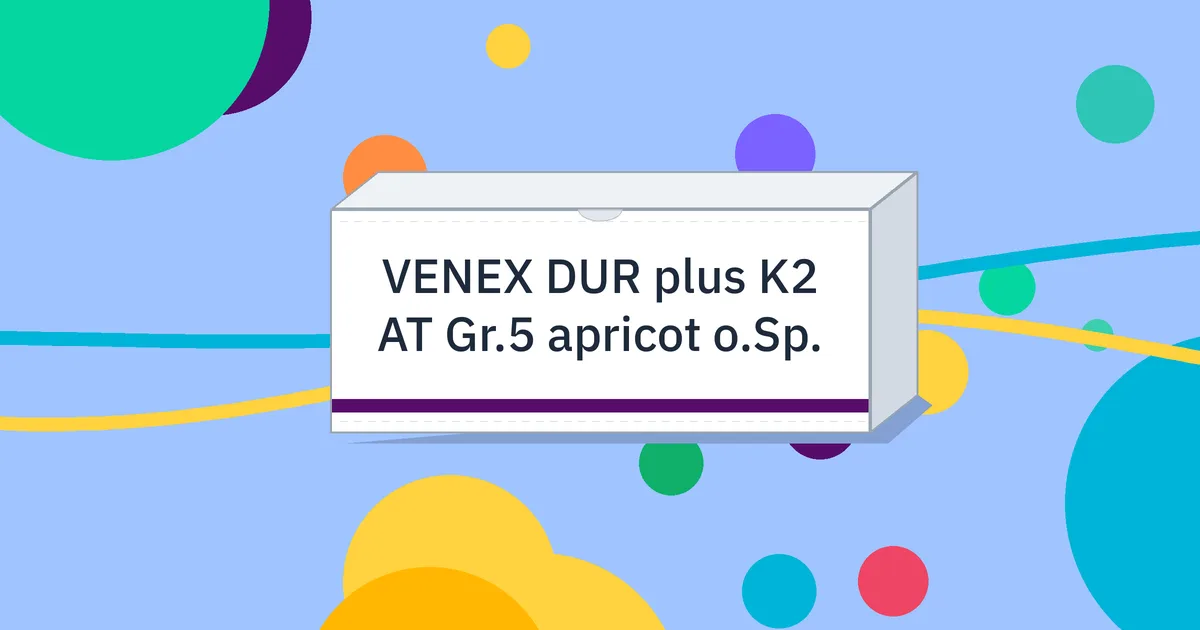 Symbolbild: Packung mit der Aufschrift VENEX DUR plus K2 AT Gr.5 apricot o.Sp. (PZN 03234632) – Verfügbarkeit und Bezug in Apotheken in Frankfurt am Main