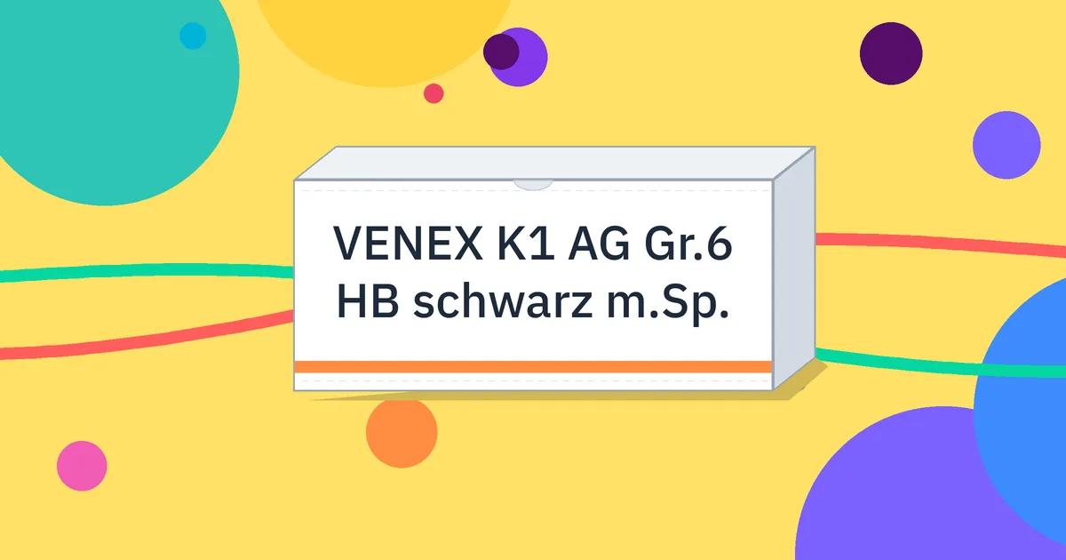 Symbolbild: Packung mit der Aufschrift VENEX K1 AG Gr.6 HB schwarz m.Sp. (PZN 03192425) – Verfügbarkeit und Bezug in Apotheken in Frankfurt am Main