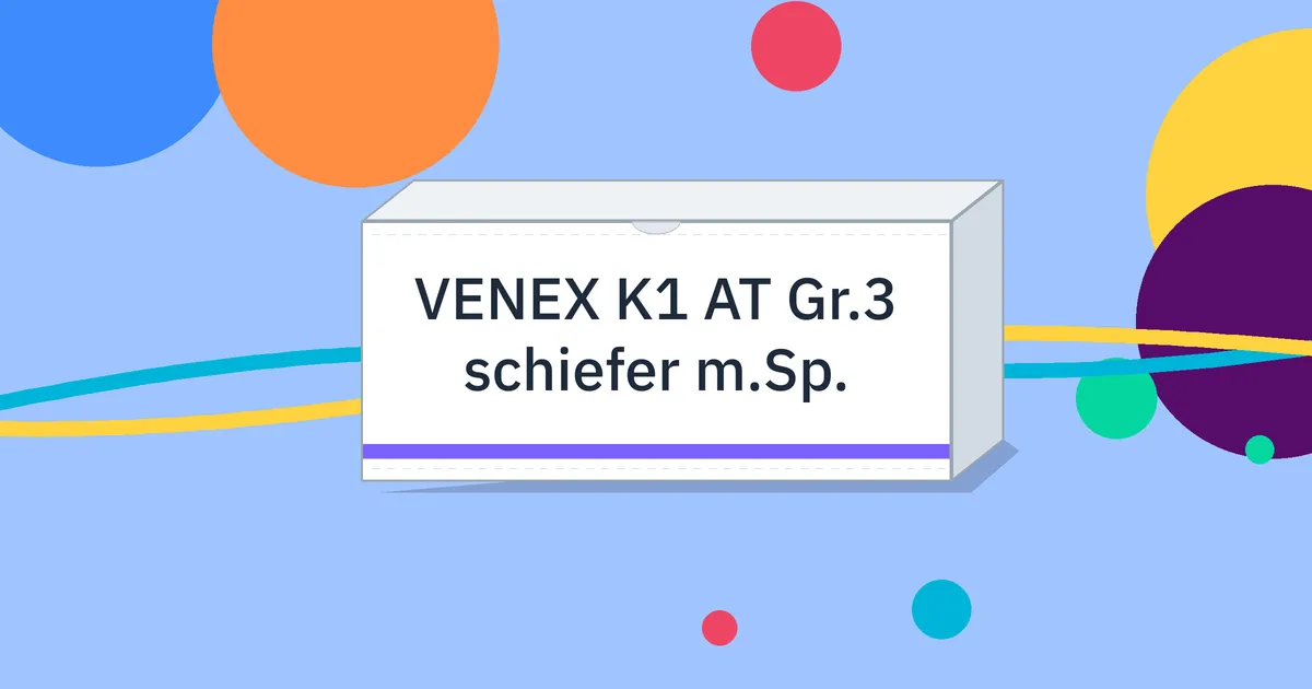 Symbolbild: Packung mit der Aufschrift VENEX K1 AT Gr.3 schiefer m.Sp. (PZN 03196481) – Verfügbarkeit und Bezug in Apotheken in Frankfurt am Main