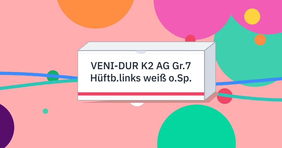 Symbolbild: Packung mit der Aufschrift VENI-DUR K2 AG Gr.7 Hüftb.links weiß o.Sp. (PZN 03254623) – Verfügbarkeit und Bezug in Apotheken in Frankfurt am Main