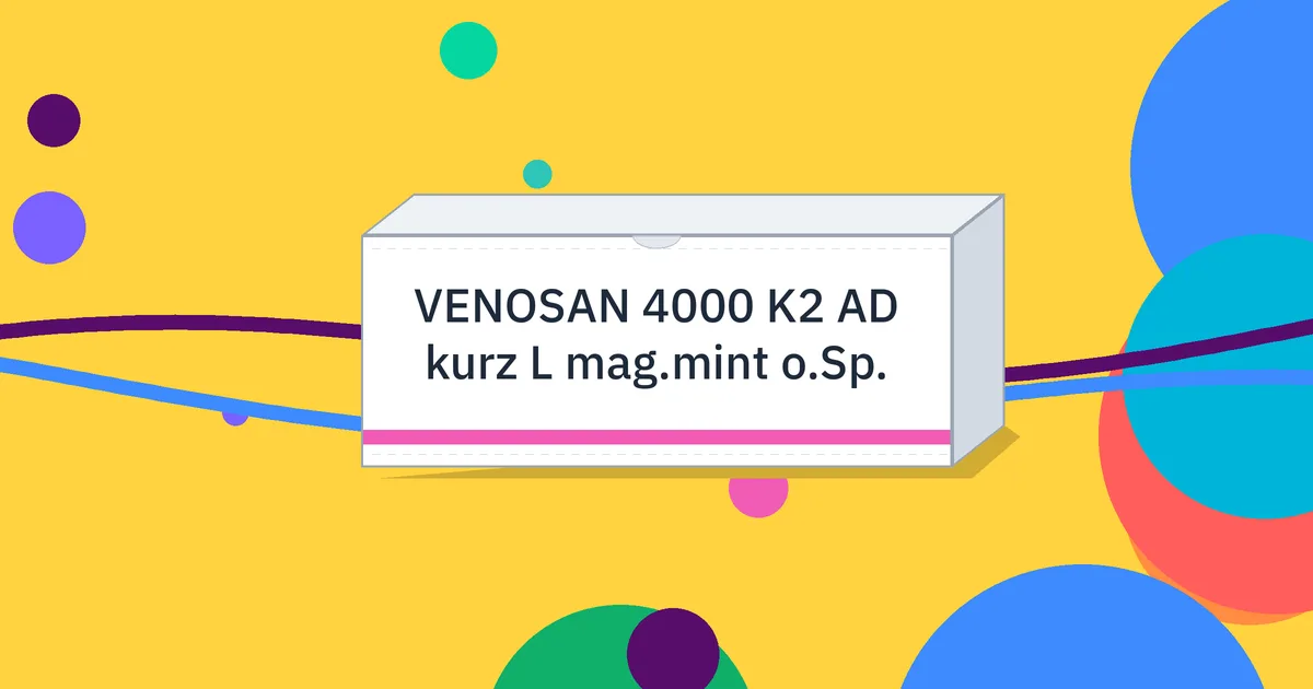 Symbolbild: Packung mit der Aufschrift VENOSAN 4000 K2 AD kurz L mag.mint o.Sp. (PZN 19153982) – Verfügbarkeit und Bezug in Apotheken in Frankfurt am Main