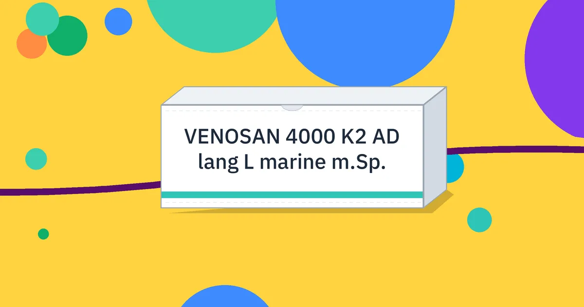 Symbolbild: Packung mit der Aufschrift VENOSAN 4000 K2 AD lang L marine m.Sp. (PZN 16602037) – Verfügbarkeit und Bezug in Apotheken in Frankfurt am Main