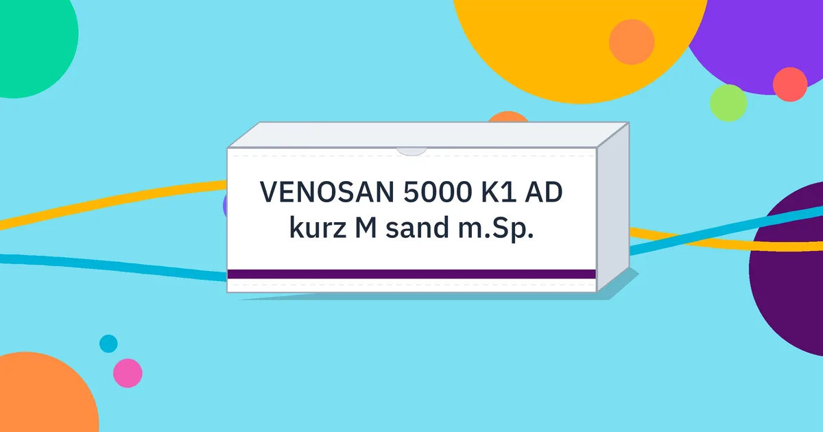 Symbolbild: Packung mit der Aufschrift VENOSAN 5000 K1 AD kurz M sand m.Sp. (PZN 14428138) – Verfügbarkeit und Bezug in Apotheken in Frankfurt am Main