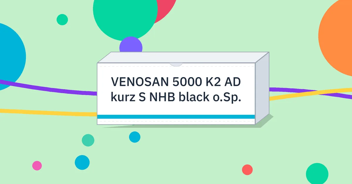 Symbolbild: Packung mit der Aufschrift VENOSAN 5000 K2 AD kurz S NHB black o.Sp. (PZN 14433352) – Verfügbarkeit und Bezug in Apotheken in Frankfurt am Main