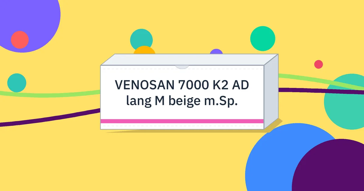 Symbolbild: Packung mit der Aufschrift VENOSAN 7000 K2 AD lang M beige m.Sp. (PZN 14434191) – Verfügbarkeit und Bezug in Apotheken in Frankfurt am Main