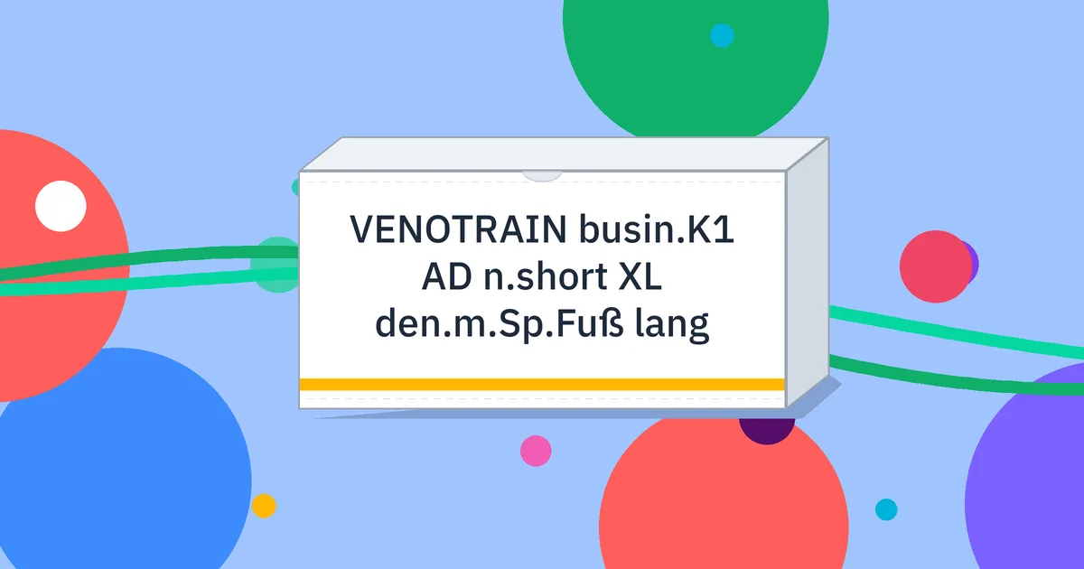 Symbolbild: Packung mit der Aufschrift VENOTRAIN busin.K1 AD n.short XL den.m.Sp.Fuß lang (PZN 19056606) – Verfügbarkeit und Bezug in Apotheken in Frankfurt am Main