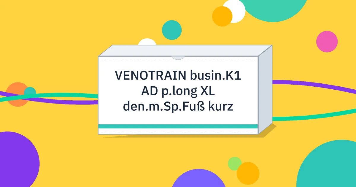 Symbolbild: Packung mit der Aufschrift VENOTRAIN busin.K1 AD p.long XL den.m.Sp.Fuß kurz (PZN 19057528) – Verfügbarkeit und Bezug in Apotheken in Frankfurt am Main