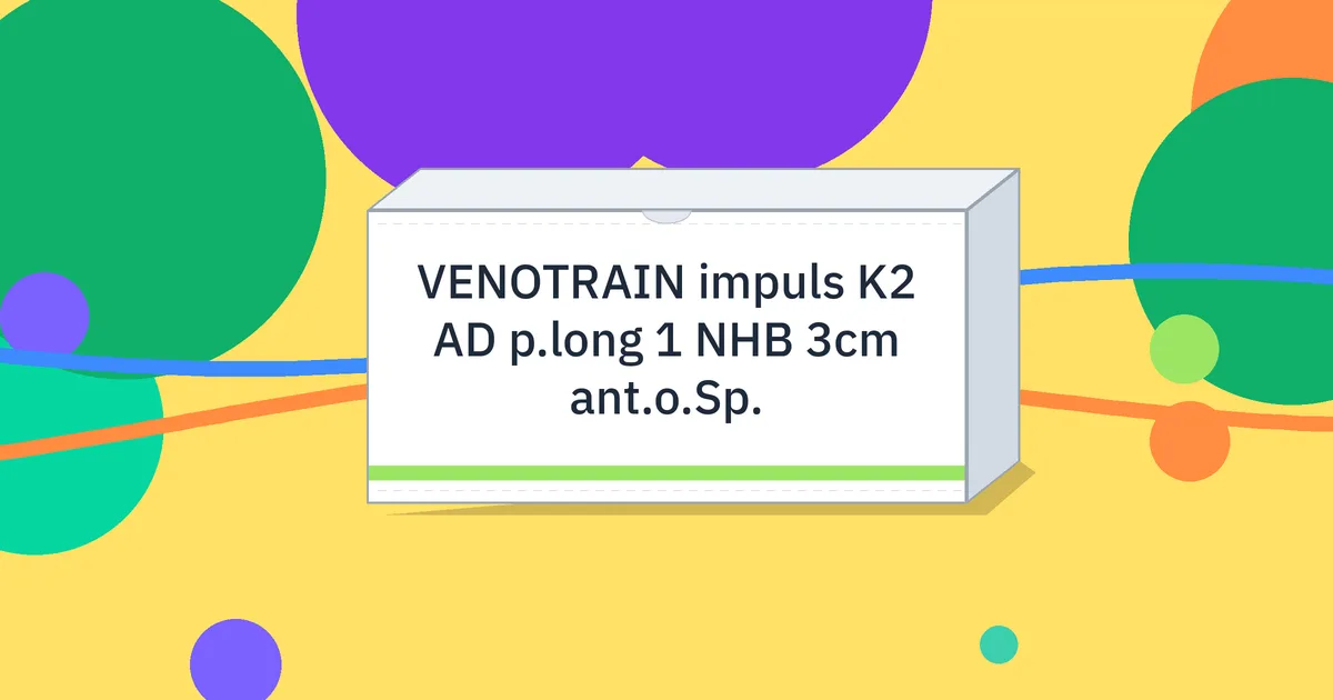 Symbolbild: Packung mit der Aufschrift VENOTRAIN impuls K2 AD p.long 1 NHB 3cm ant.o.Sp. (PZN 15224515) – Verfügbarkeit und Bezug in Apotheken in Frankfurt am Main