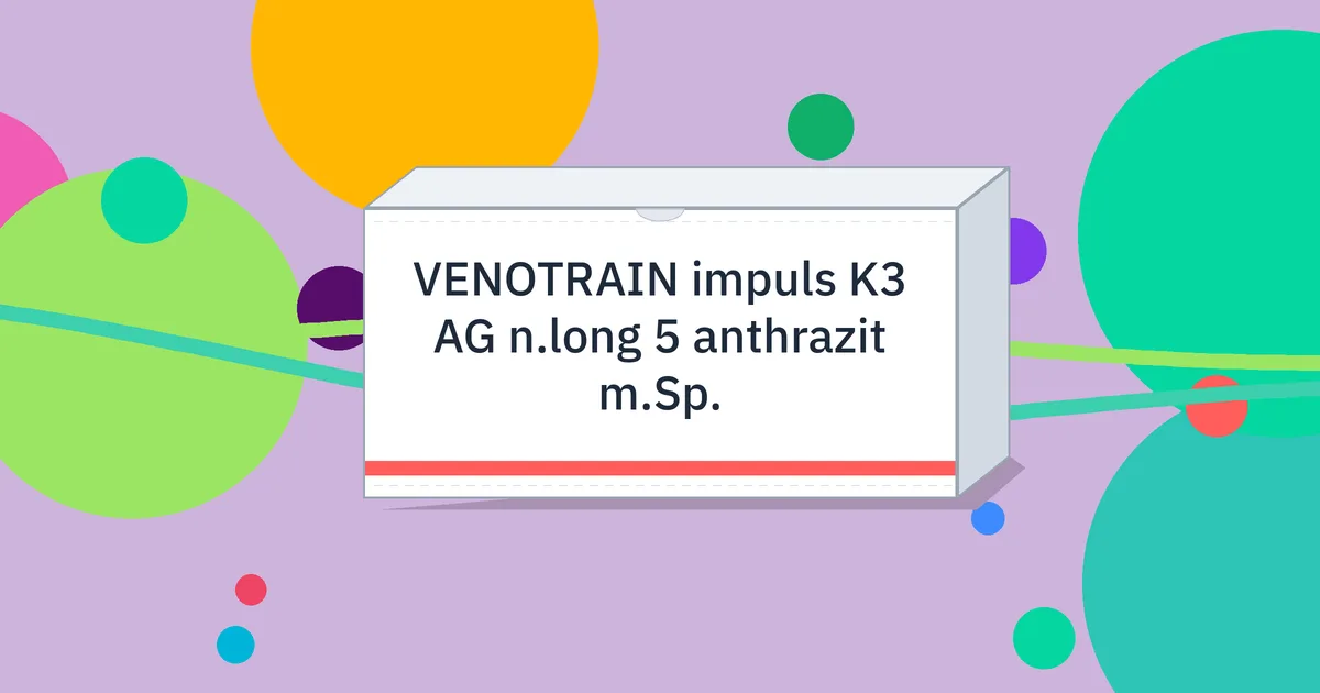 Symbolbild: Packung mit der Aufschrift VENOTRAIN impuls K3 AG n.long 5 anthrazit m.Sp. (PZN 15213546) – Verfügbarkeit und Bezug in Apotheken in Frankfurt am Main